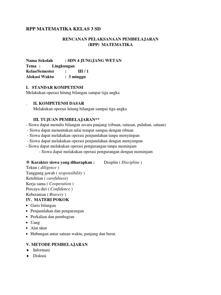 RPP Matematika Kelas 3 SD | PDF
