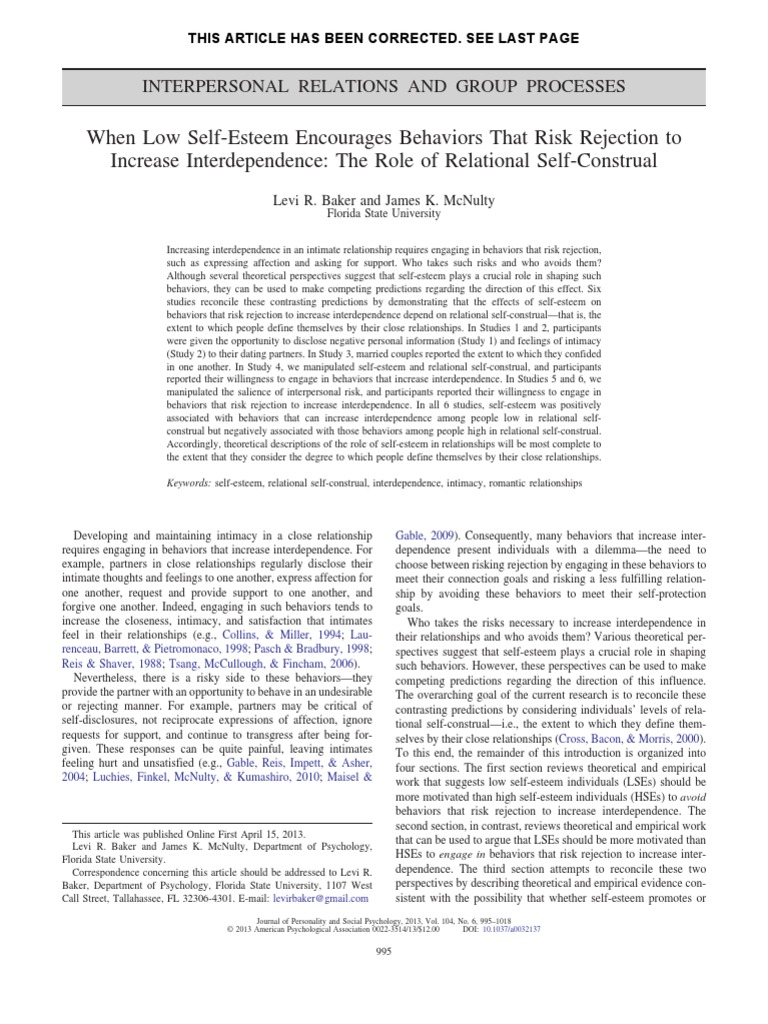 When Low Self-Esteem Encourages Behaviors That Risk Rejection To ...