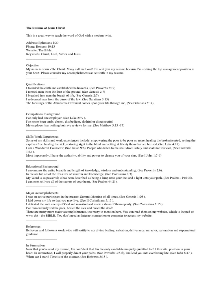 The Resume of Jesus Christ | PDF | Book Of Proverbs | Book Of Genesis