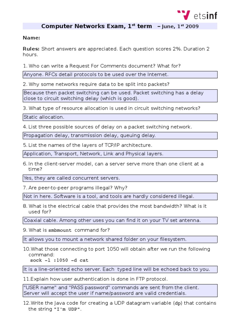 Computer Networks Exam, 1 Term | PDF | Transmission Control Protocol | Computer Network