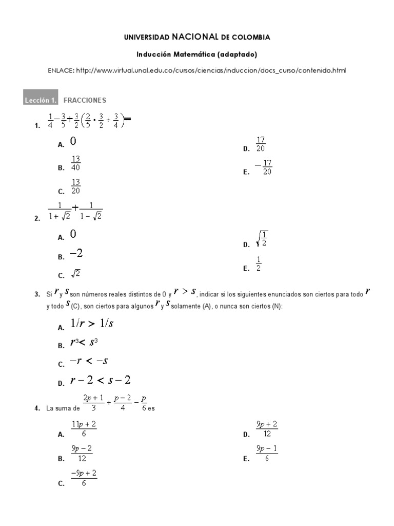 Taller Induccion Matematicas Unal | PDF | Triángulo | Ecuaciones Taller Induccion Matematicas Unal | PDF | Triángulo | Ecuaciones