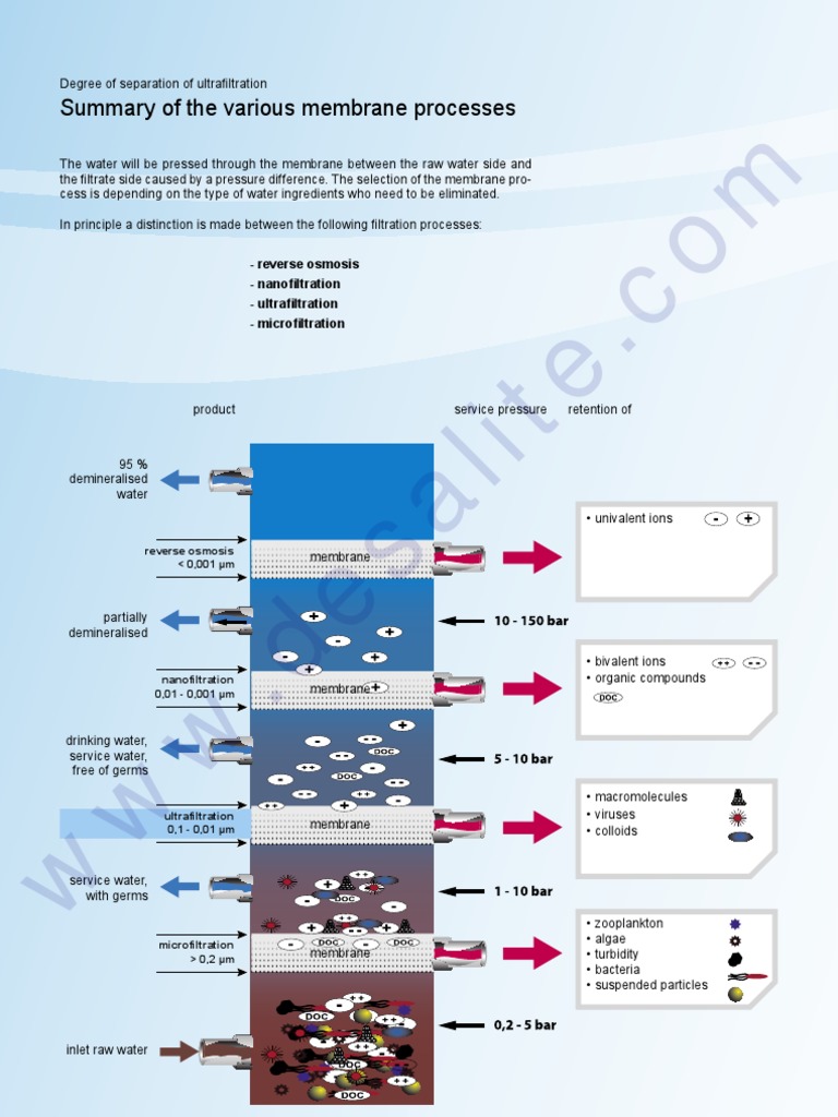 Summary of The Various Membrane Processes: - Reverse Osmosis ...
