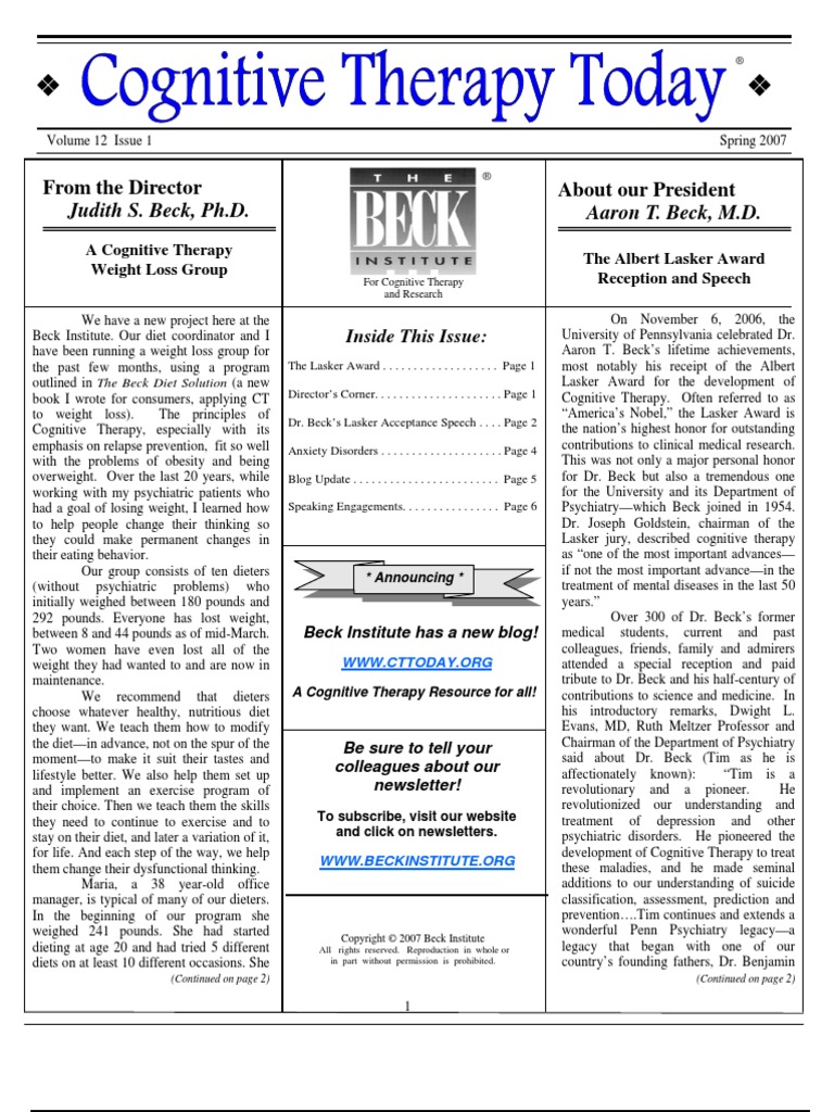 Judith S. Beck, Ph.D. Aaron T. Beck, M.D.: From The Director About Our ...