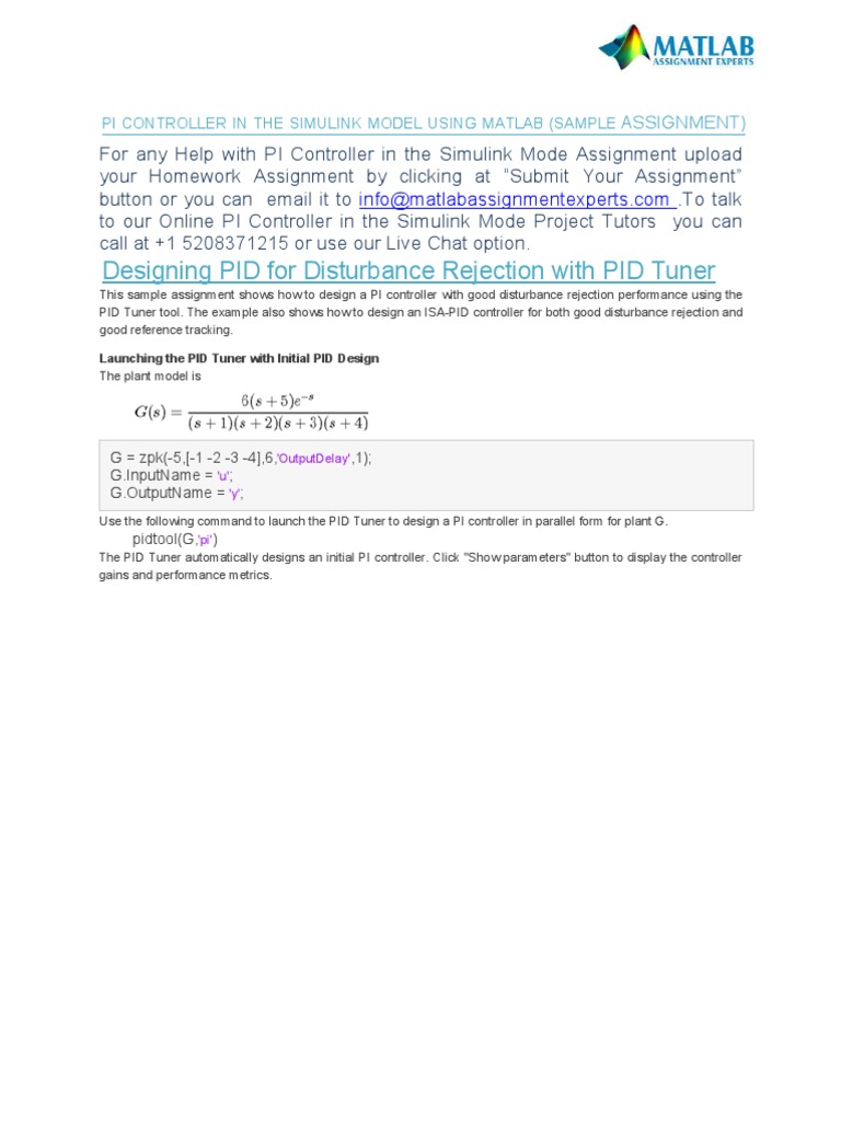 PI Controller in The Simulink Model Using MATLAB | PDF | Homework ...