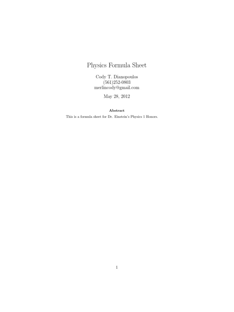 Physics 1 Honors Formula Sheet | PDF | Magnetic Field | Buoyancy