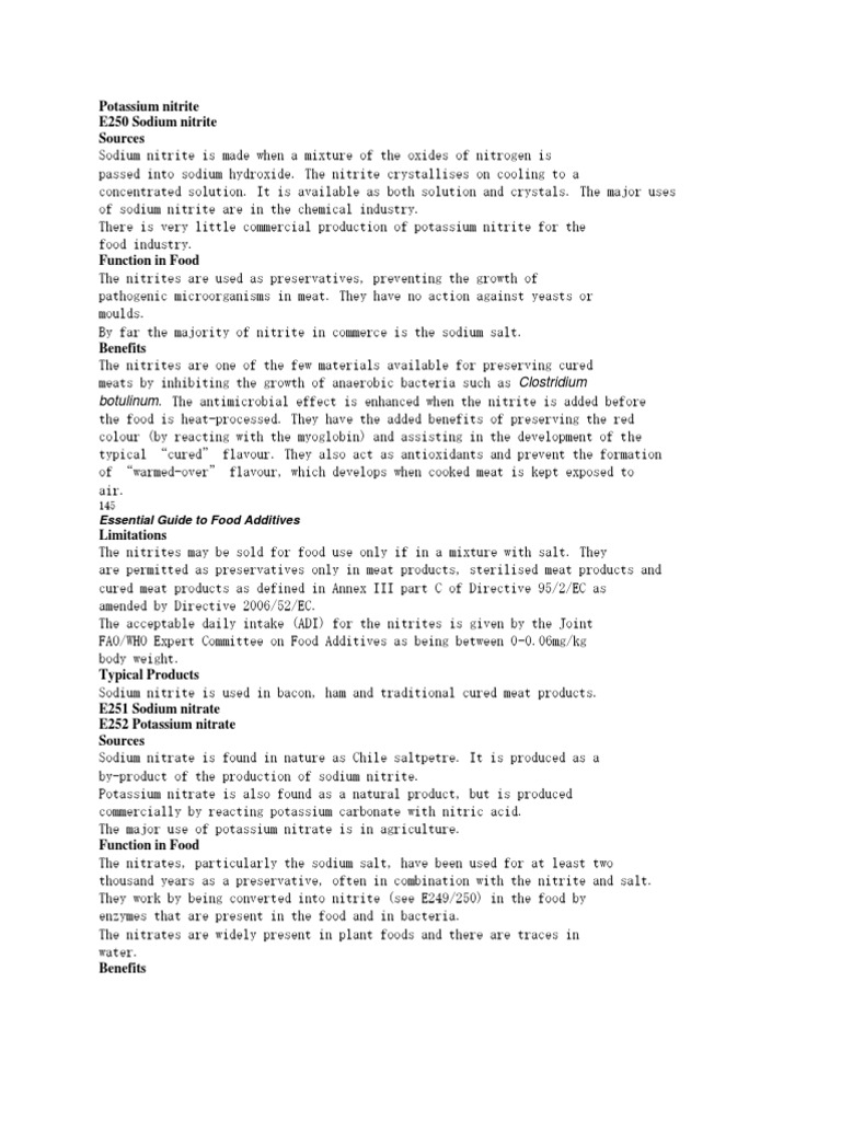 Potassium Nitrite E250 Sodium Nitrite Sources | PDF | Nitrate | Nitrite