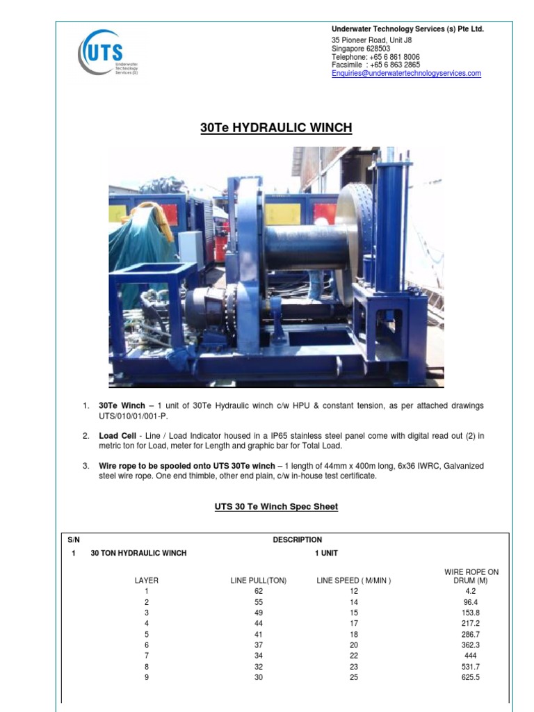 30Te Hydraulic Winch Specifications | PDF
