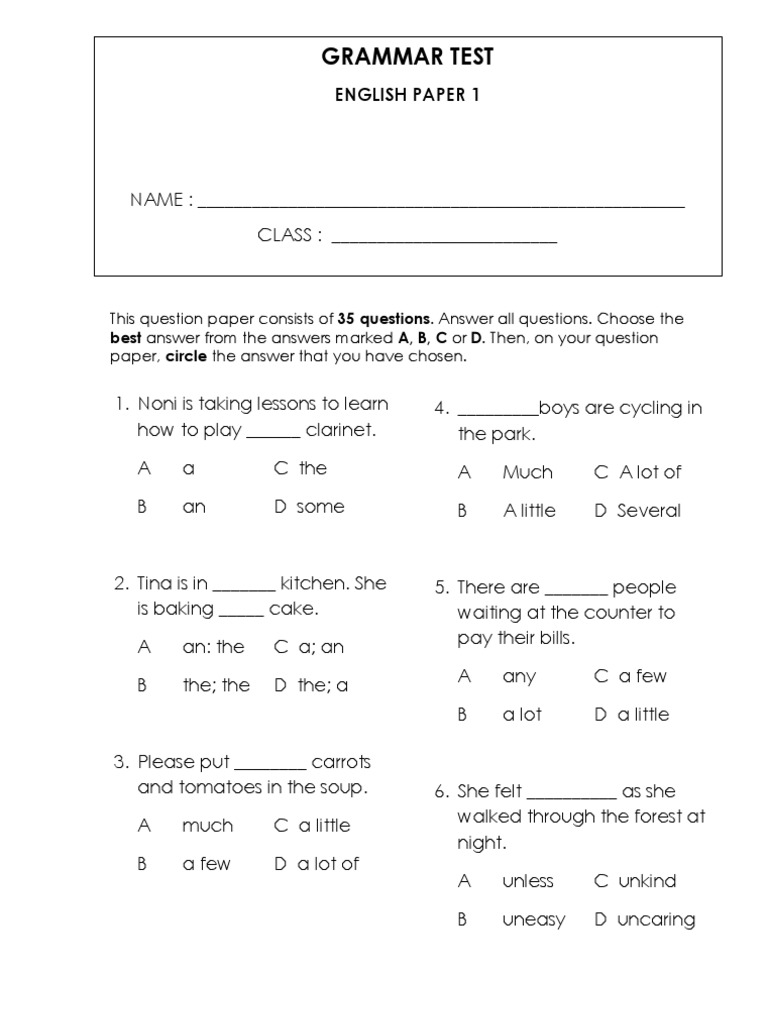 Grammar Test: English Paper 1 | PDF | Leisure