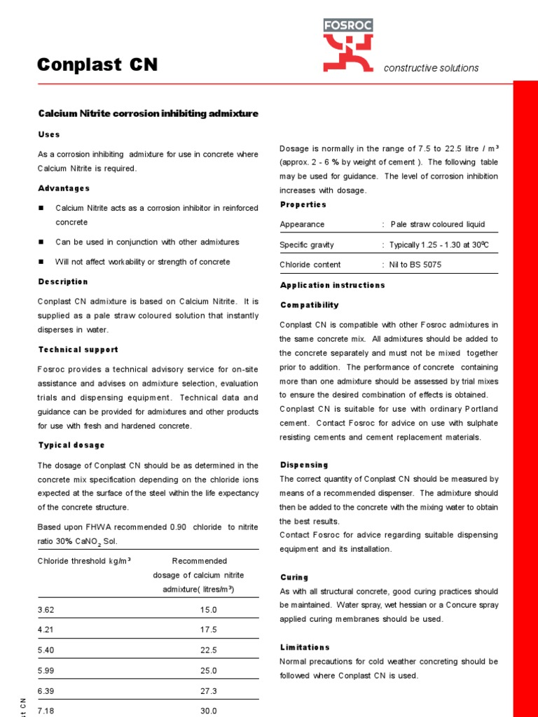 Conplast CN: Calcium Nitrite Corrosion Inhibiting Admixture | PDF ...
