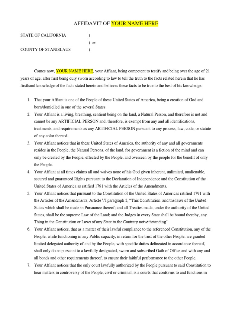 Affidavit of Your Name - Only For Natural Persons - Inapplicable To ...