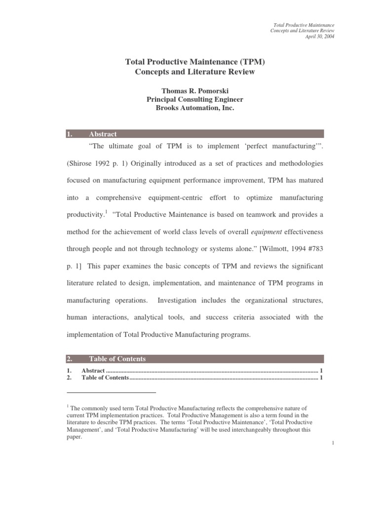 TPM Concept and Literature Review PDF | PDF | Causality | Operations Management