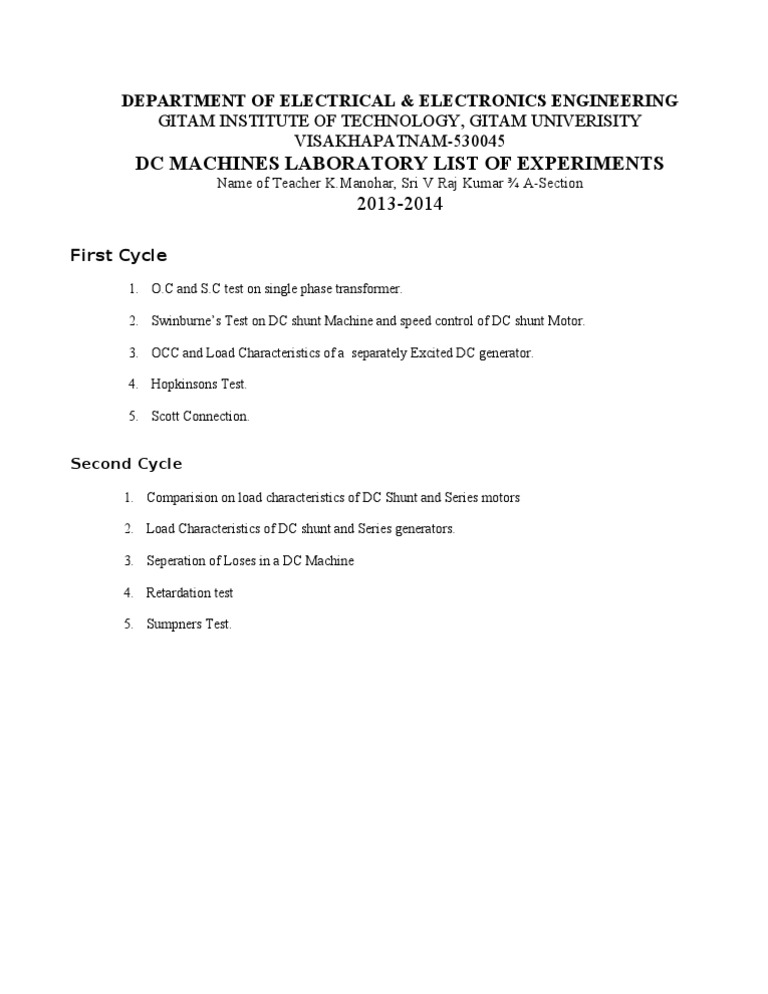 DC Machines Laboratory List of Experiments: Gitam Institute of Technology, Gitam Univerisity ...