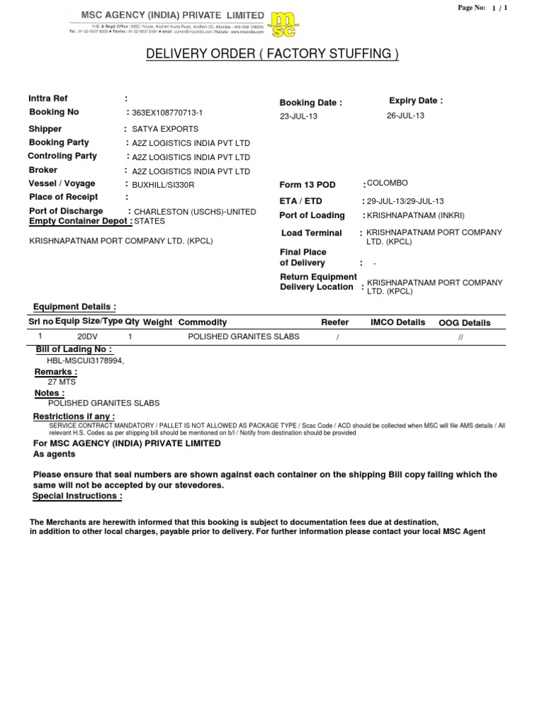 Delivery Order (Factory Stuffing) | PDF | Travel