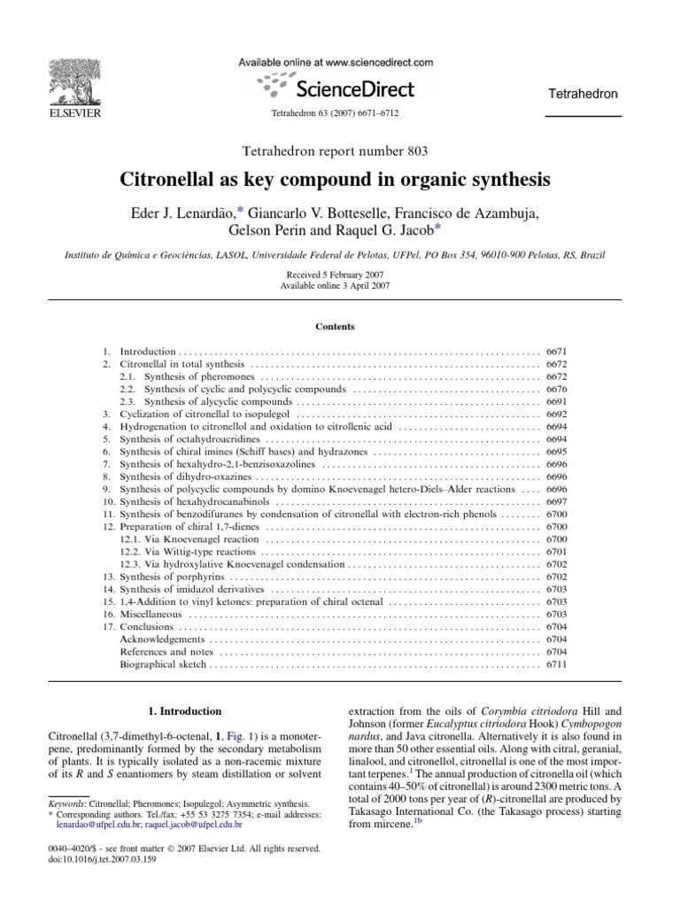 CITRONELLAL" Citronellal as Key Compound in Organic Synthesis | PDF ...