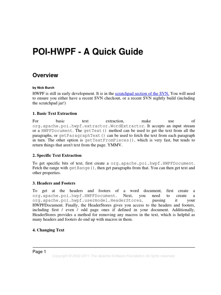 POI-HWPF - A Quick Guide: 1. Basic Text Extraction | PDF