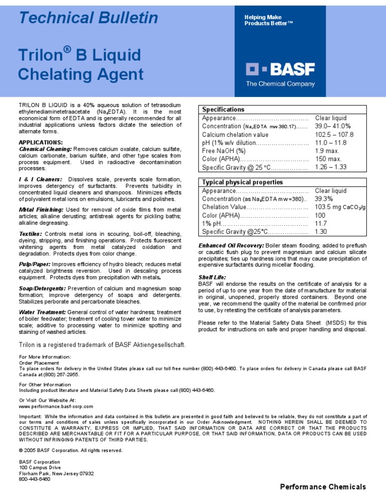 Trilon B Liquid (EDTA) | Ethylenediaminetetraacetic Acid | Bleach