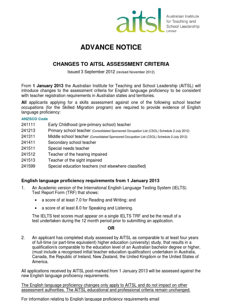 AITSL English Proficiency Changes 2013 | PDF