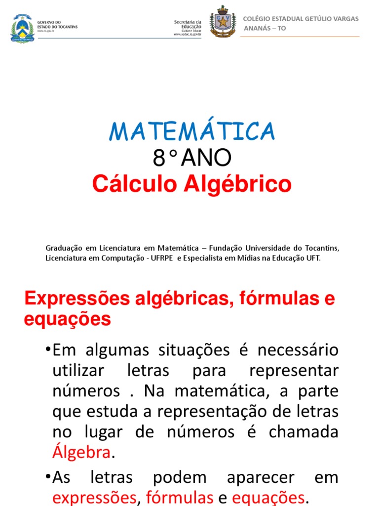 Cálculo Algébrico - 8° Ano | PDF | Equações | Álgebra
