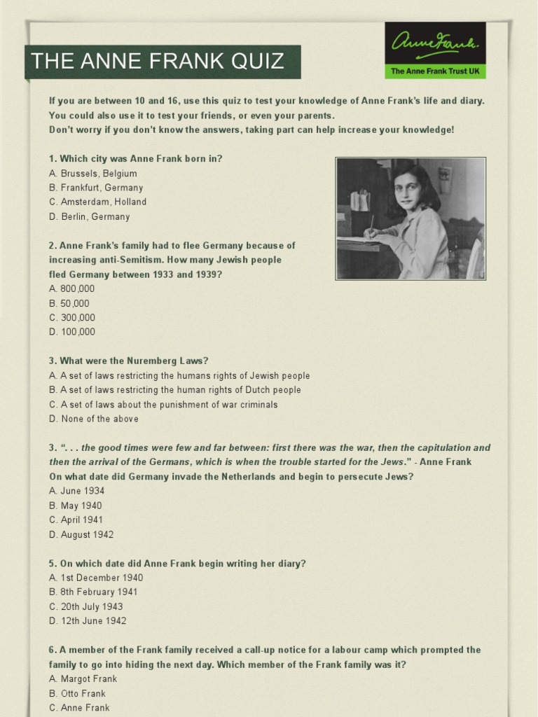 Anne Frank Quiz | PDF | Anne Frank | Dutch People