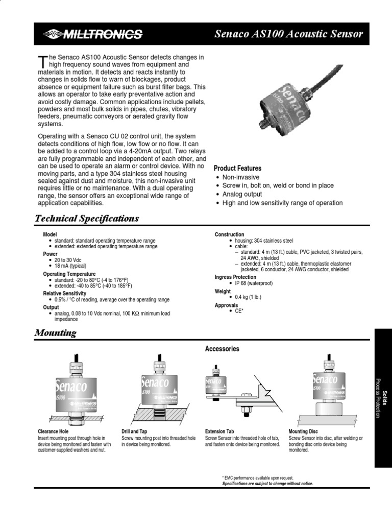 Senaco AS100 Acoustic Sensor | PDF | Cable | Screw