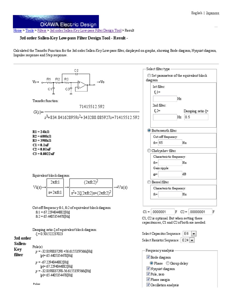 3rd Order Sallen-Key Low-Pass Filter Design Tool - Result | PDF