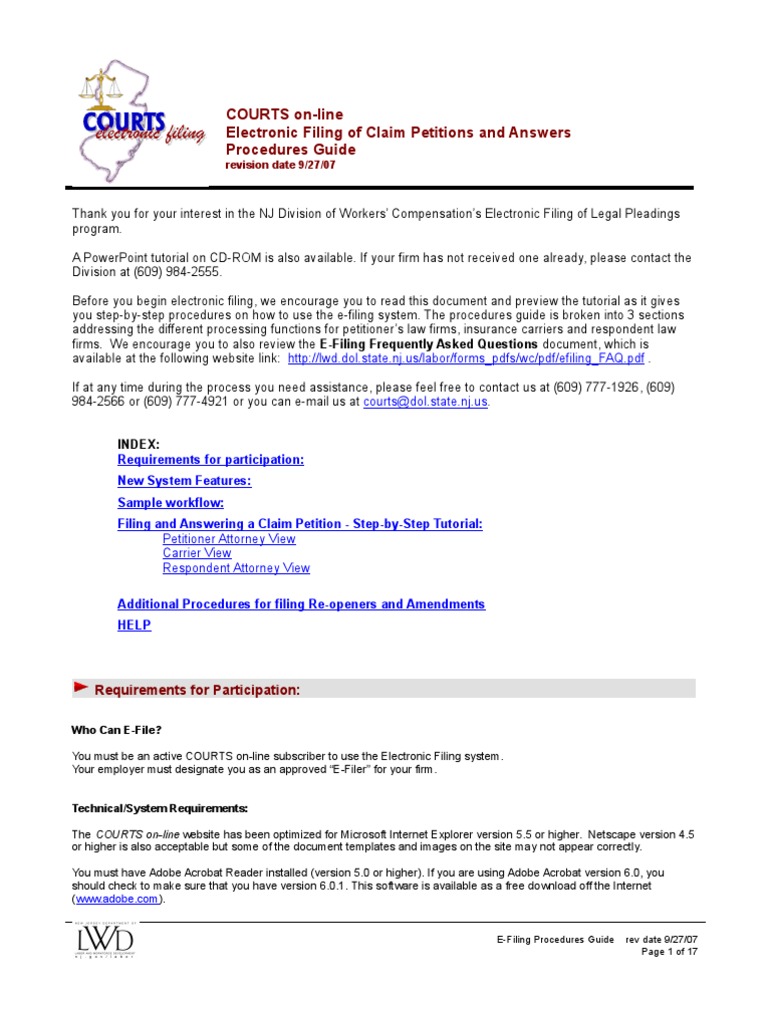 COURTS On-Line Electronic Filing of Claim Petitions and Answers ...