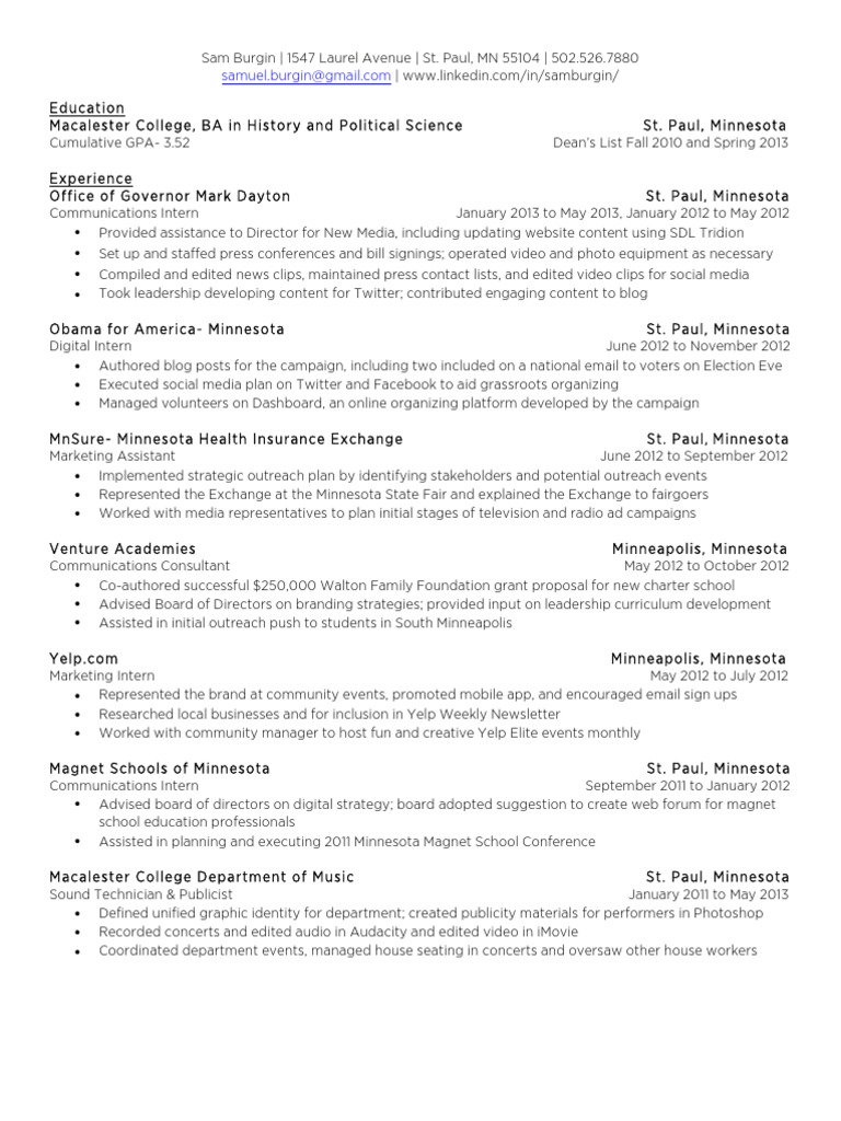 Sam Burgin Resume | PDF | Minnesota | Internship