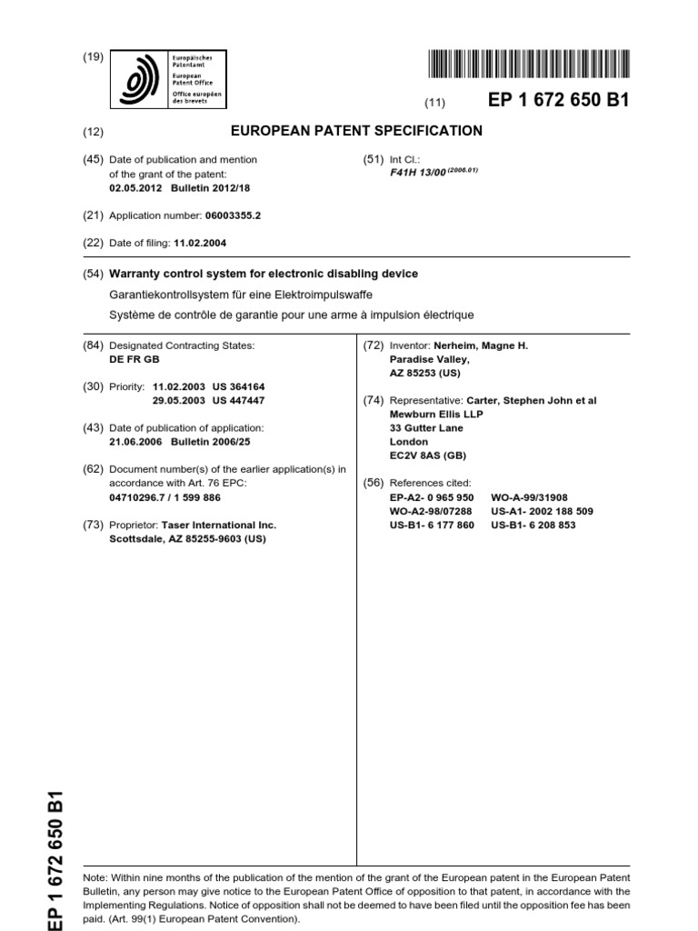 European Patent Specification: Control System For Electronic Disabling ...