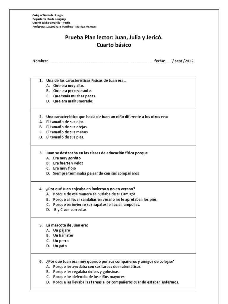 Prueba Plan Lector Juan, JULIA y Jerico | PDF