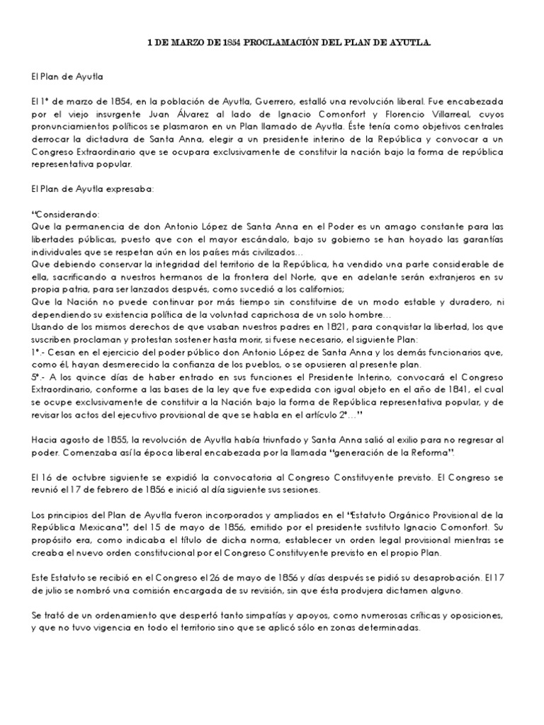1 de Marzo de 1854 Proclamación Del Plan de Ayutla | PDF