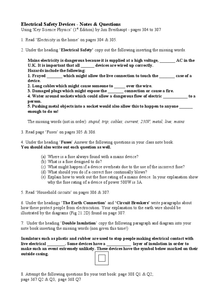 Electrical Safety Devices - Notes & Questions | PDF