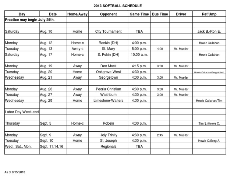 2013 Softball Game Schedule | PDF | Sports & Recreation | Language Arts ...