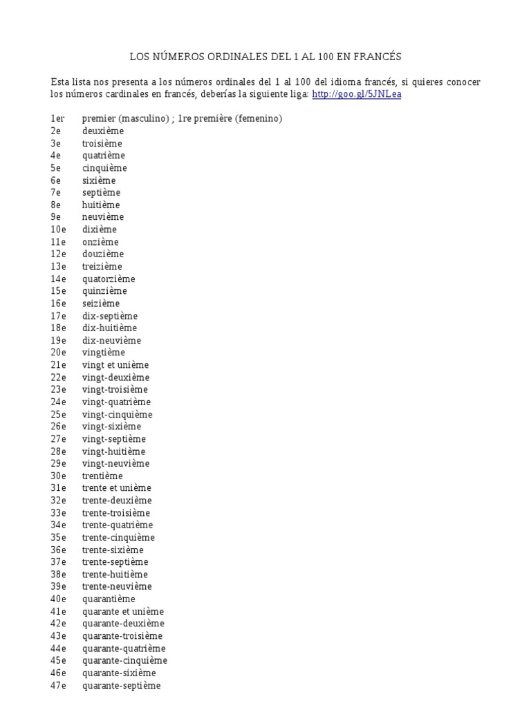 números ordinales en francés del 1 al 100