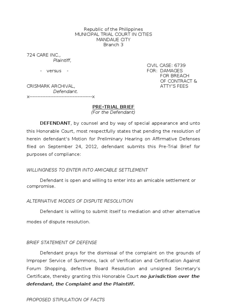 Pre Trial Brief-1 | PDF | Lawsuit | Complaint