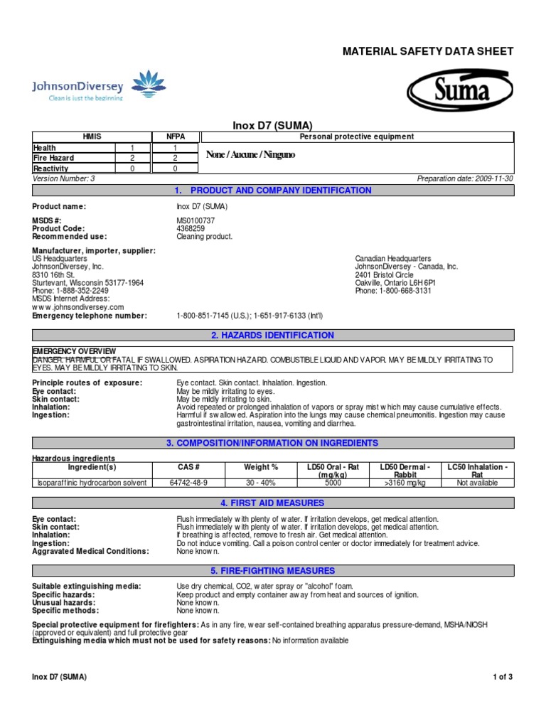 Taski D7 Msds - Free PDF | PDF | Firefighting | Chemistry