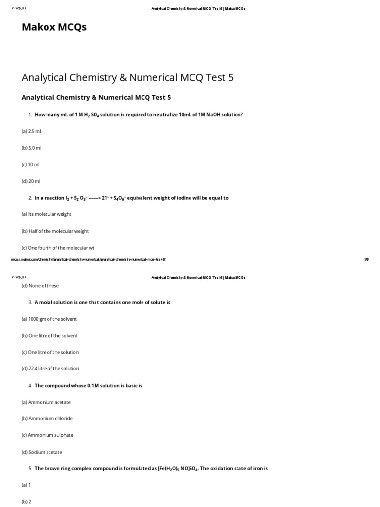 Analytical Chemistry & Numerical MCQ Test 5 - Makox MCQs | PDF ...