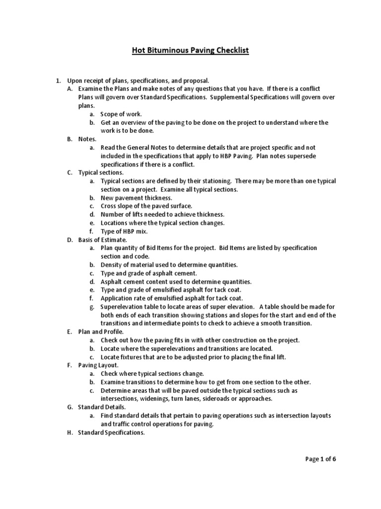 Hot Bituminous Paving Checklist | PDF | Road Surface | Specification ...