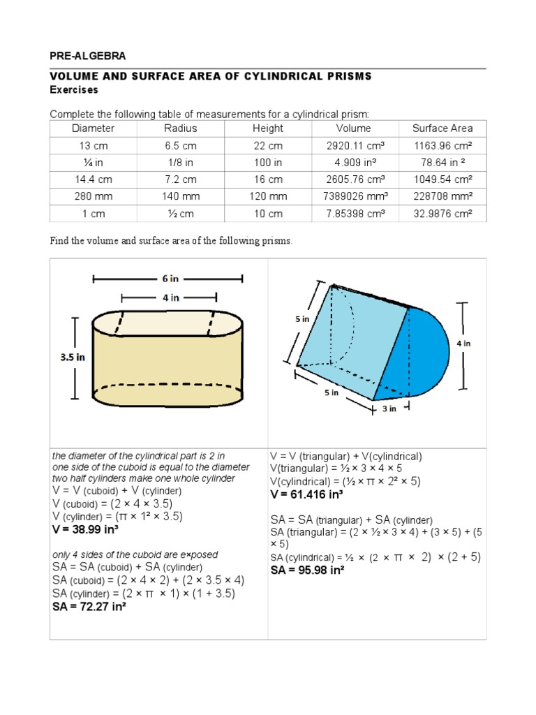 Exercises - Volume - Cylinder - Answer Key | PDF