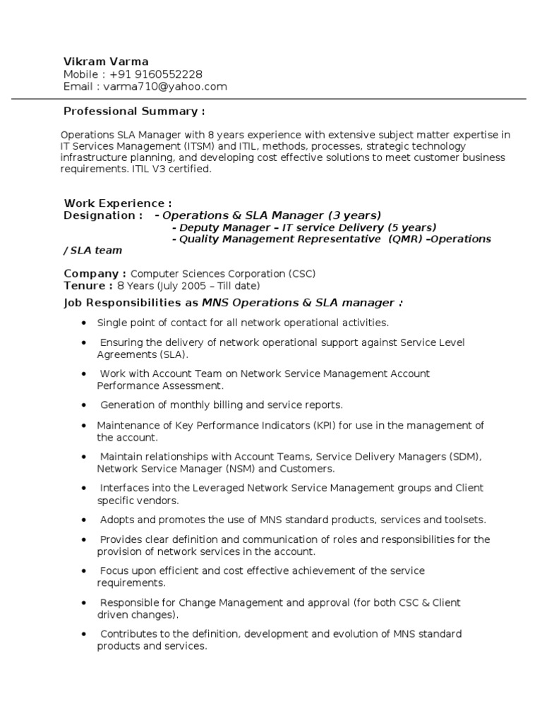 Operations SLA Manager Resume Summary | PDF | Itil | Service Level ...