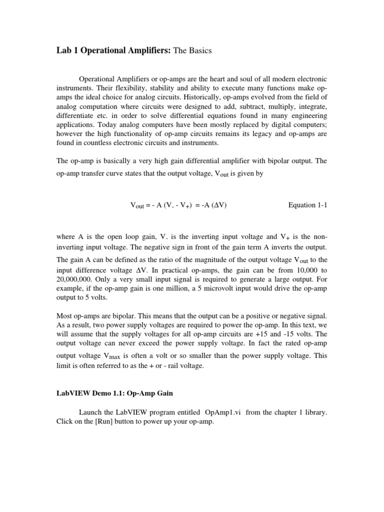 Lab 1 Operational Amplifiers: The Basics: Labview Demo 1.1: Op-Amp Gain ...