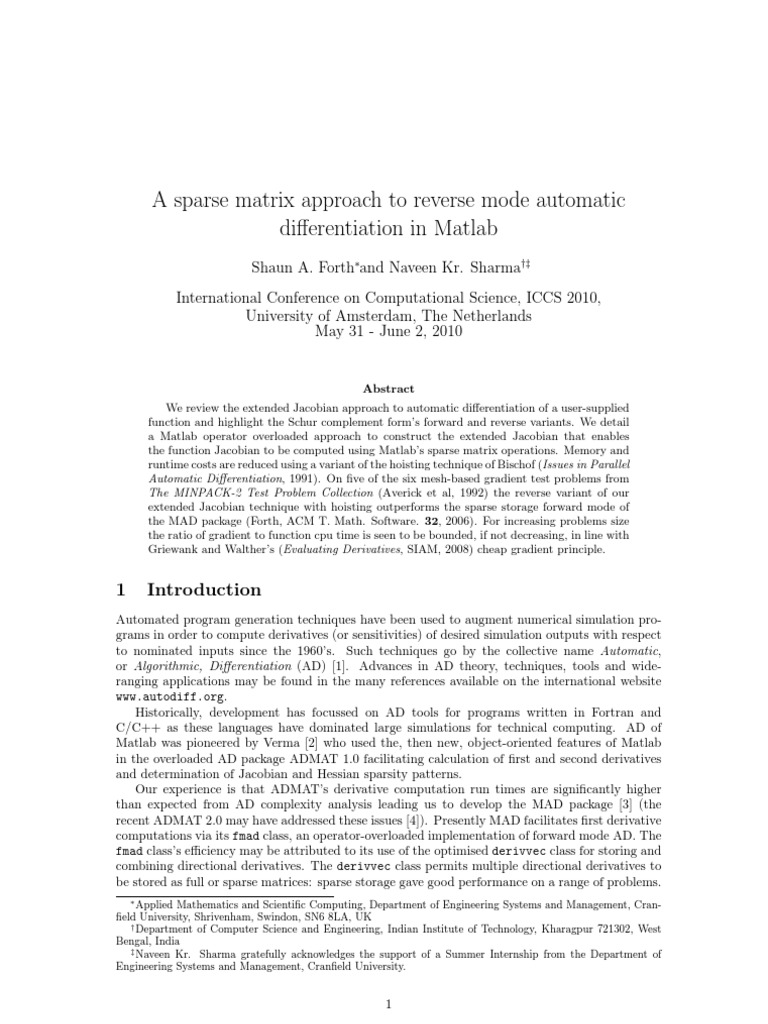 A Sparse Matrix Approach To Reverse Mode Automatic Pdf Matrix Mathematics Array Data