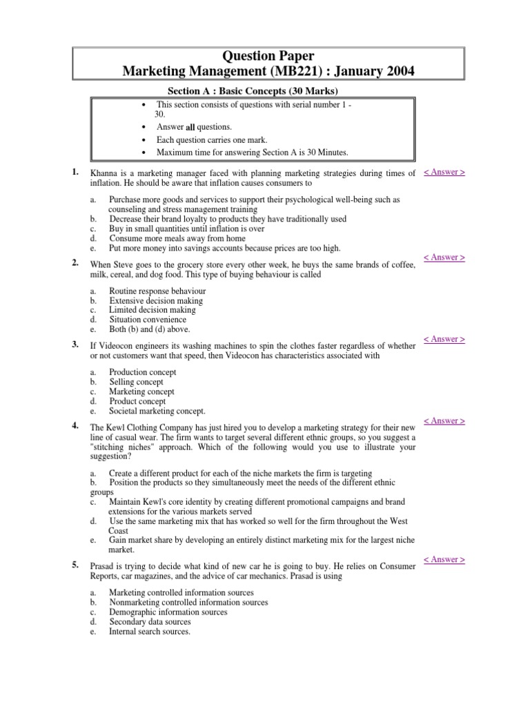 Question Paper Marketing Management (MB221) : January 2004: Section A ...