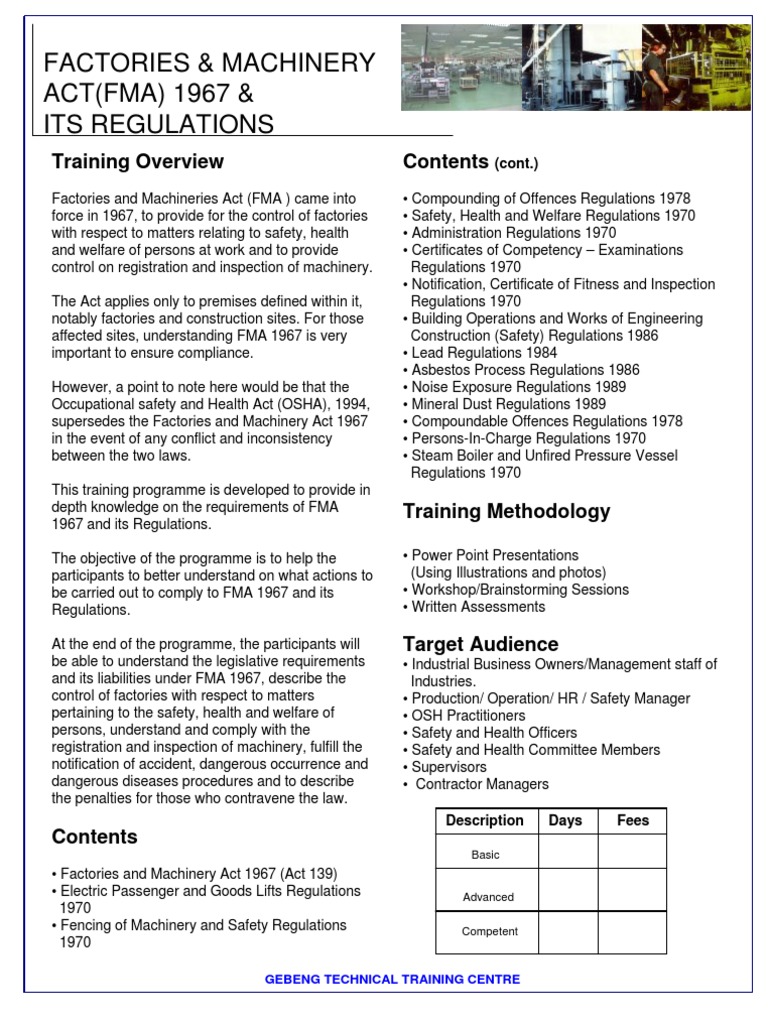 Factories & Machinery ACT (FMA) 1967 & Its Regulations: Training ...