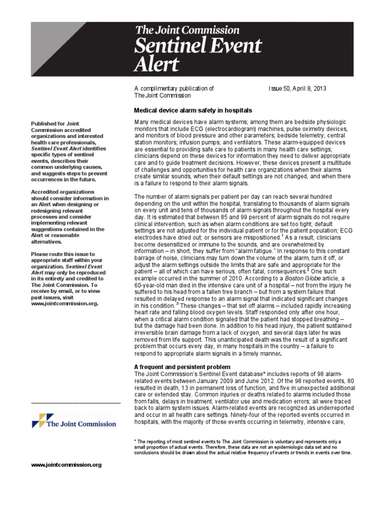 The Joint Commission Sentinel Event Alert (4.8.2013) Alarm Fatigue ...
