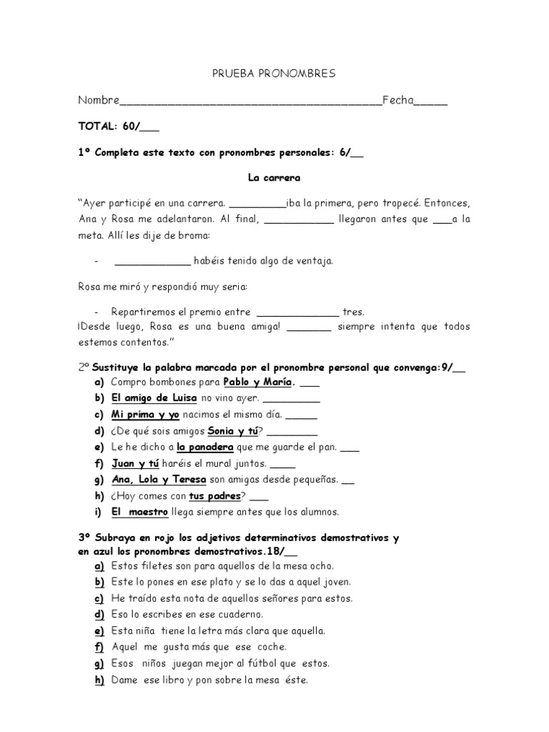 Prueba Pronombres | PDF