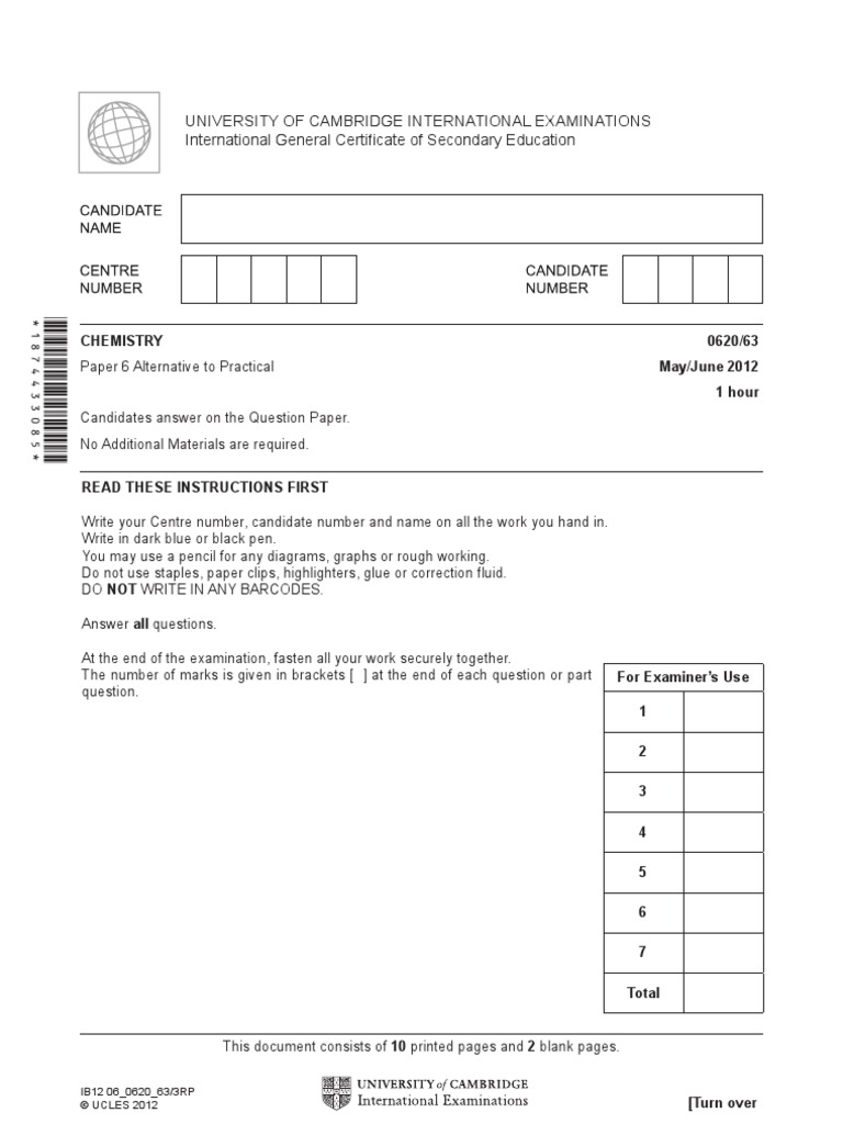 IGCSE Chemistry Paper 0620 - s12 - QP - 63 PDF | PDF | Zinc | Sodium