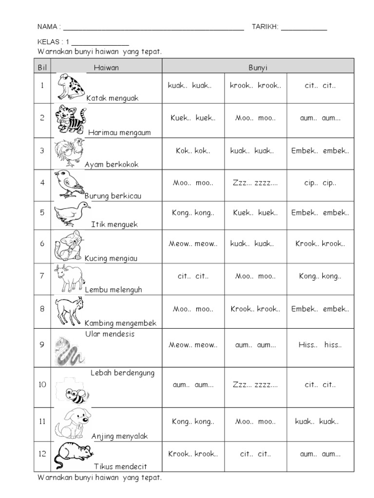 Bunyi Haiwan Tahun 1 | PDF