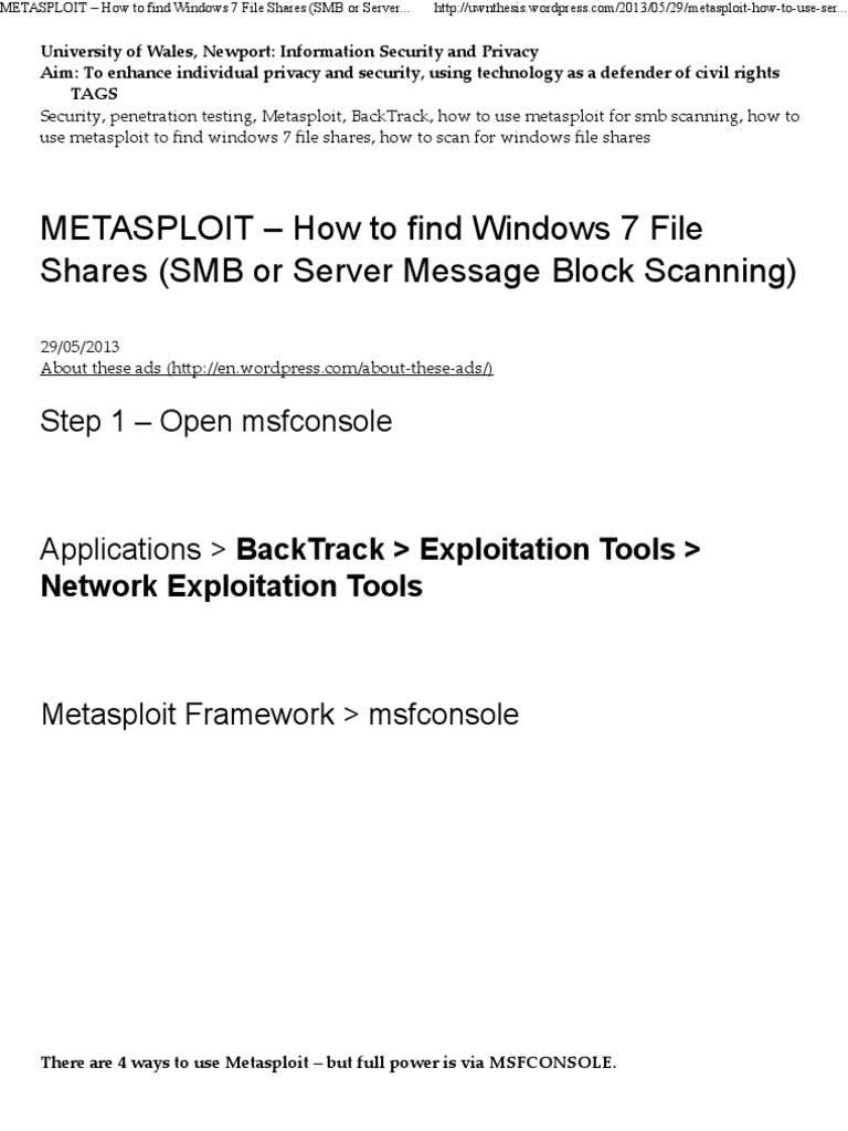 Metasploit: Scan Windows 7 SMB Shares | PDF | Internet Protocols | Network Protocols