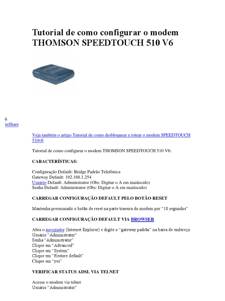 Tutorial de Como Configurar o Modem THOMSON SPEEDTOUCH 510 V6 | PDF ...